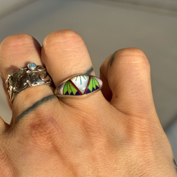 Vintage | Jewelry | Vintage Multicolor Mother Of Pearl Inlay Ring 925 ...